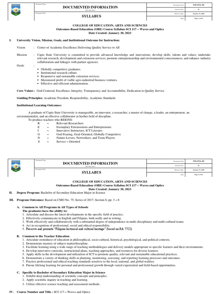 Syllabus Waves and Optics 2ND SEM 2022 2023 | PDF | Optics | Electromagnetic Radiation
