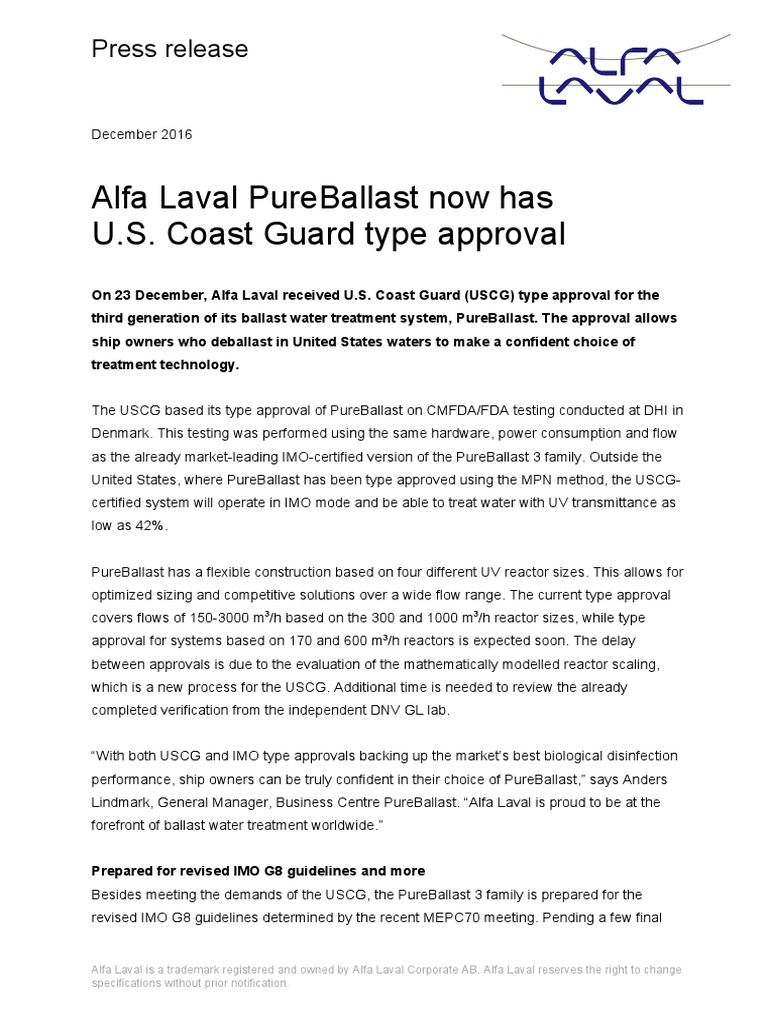 Alfa Lavalpress Release - Pureballast Ballast Water Treatment System Receives U.S. Coast Guard ...
