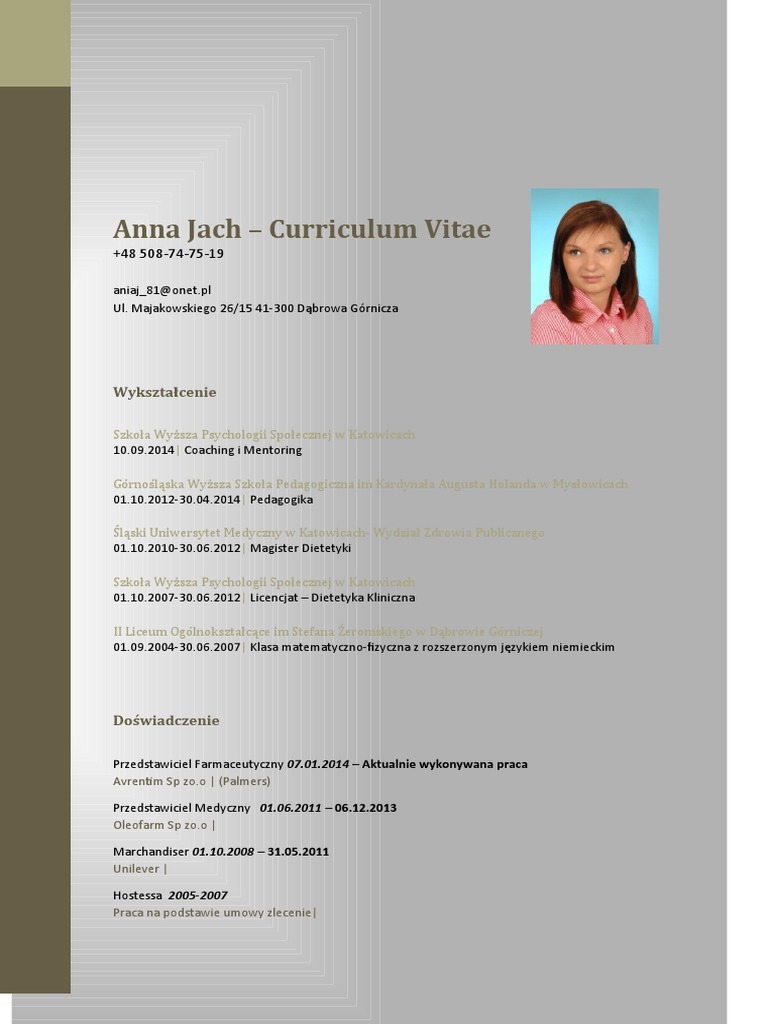 Anna Jach - Curriculum Vitae: Wykształcenie | PDF