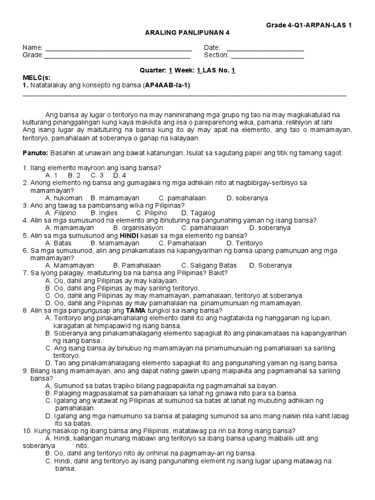 Grade 4 q1 Arpan Las 1 | PDF