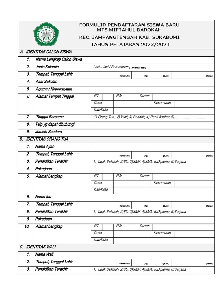 Cara Isi Formulir Pendaftaran TK | PDF | Kajian Bahasa Asing ...