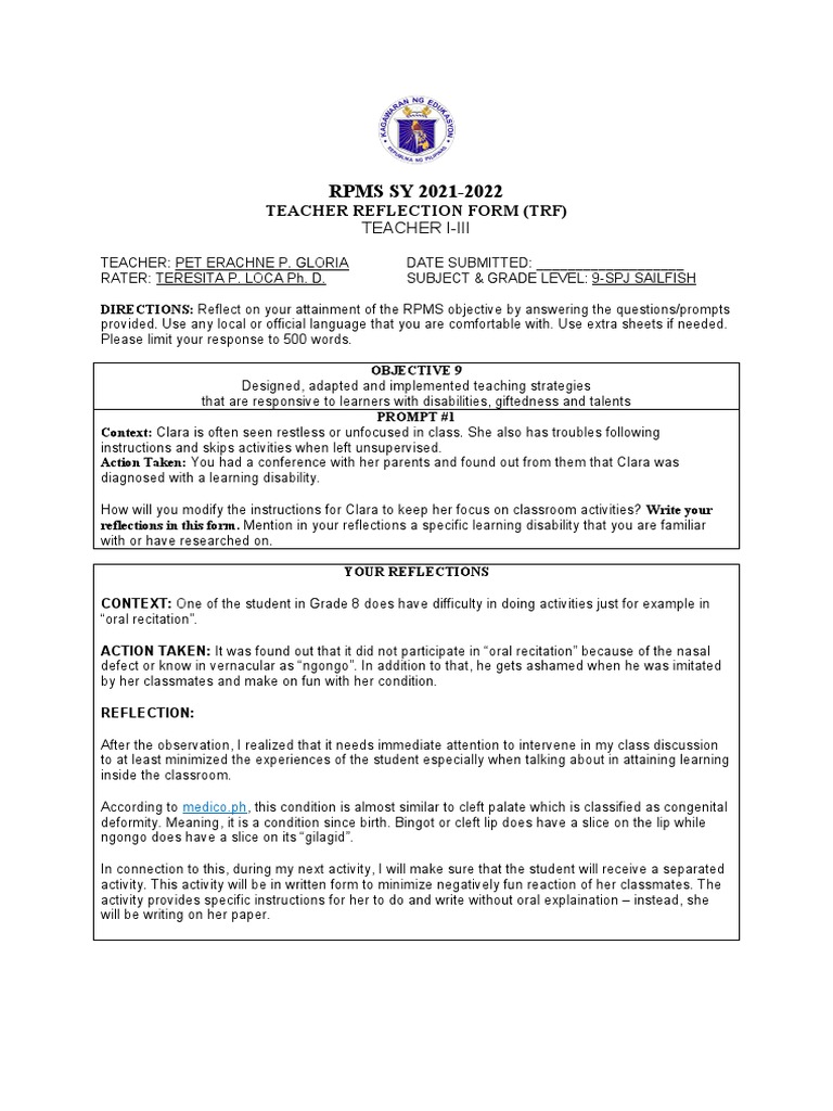 RPMS SY 2021-2022: Teacher Reflection Form (TRF) | PDF | Teachers ...