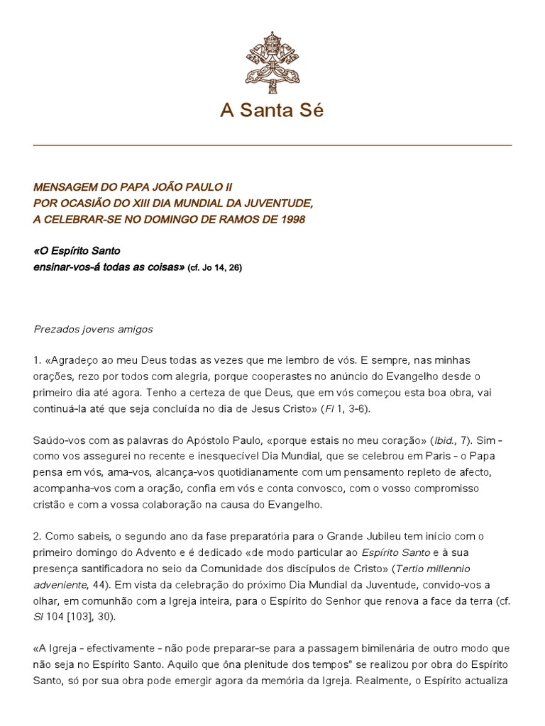 Mensagem do Papa aos Jovens 1998 | PDF | Jesus | Oração