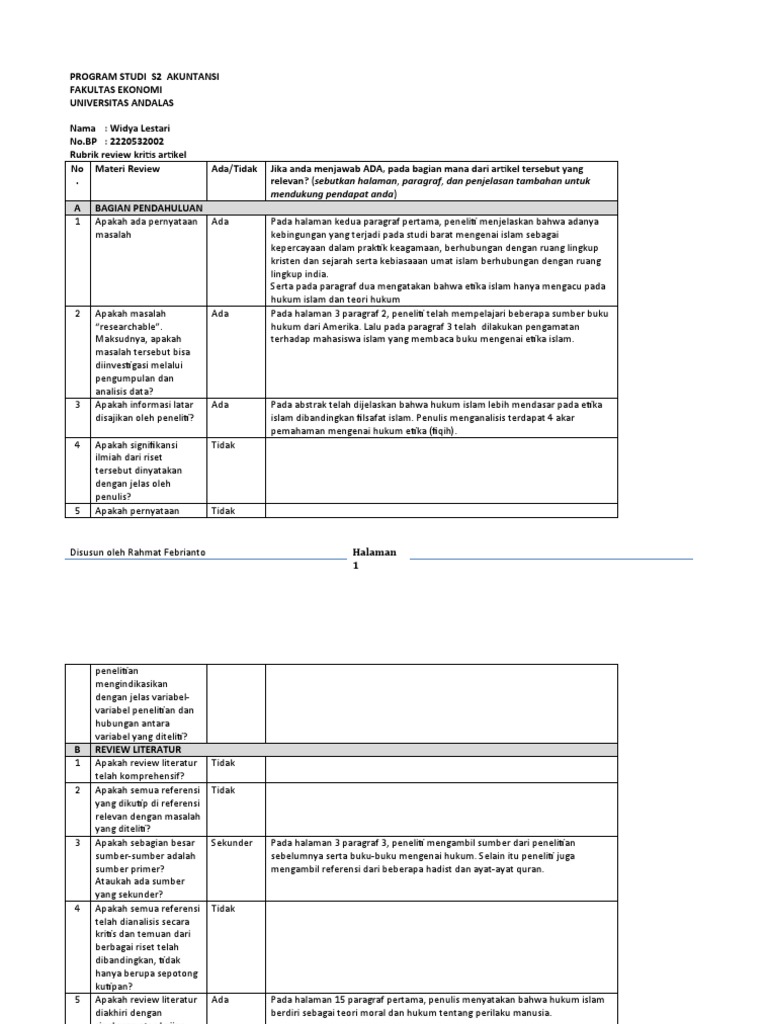 Widya Lestari-2220532002-Rubrik 1-Ebis | PDF