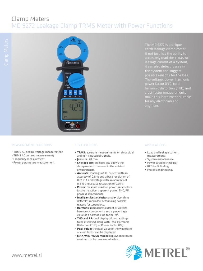 Single 2022 MD 9272 Leakage Clamp TRMS Meter With Power Functions Ang | PDF | Metrology ...