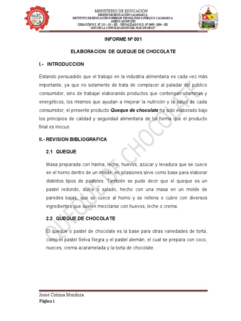 Informe #001.elaboracion de Queque de Chocolate | PDF | Pasteles | Chocolate
