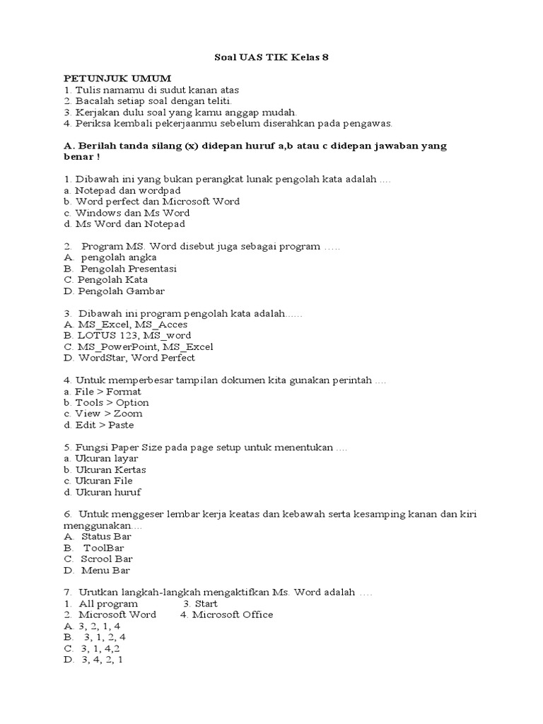 45+ Contoh Soal UAS TIK Kelas 8 SMP MTs Semester Ganjil | PDF