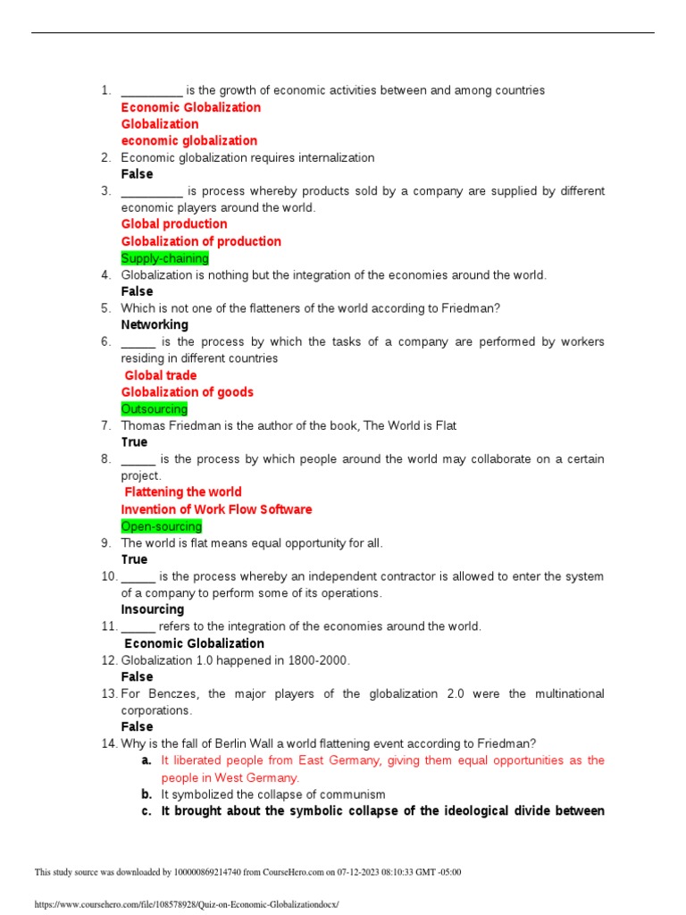 Quiz On Economic Globalization | Download Free PDF | Globalization ...