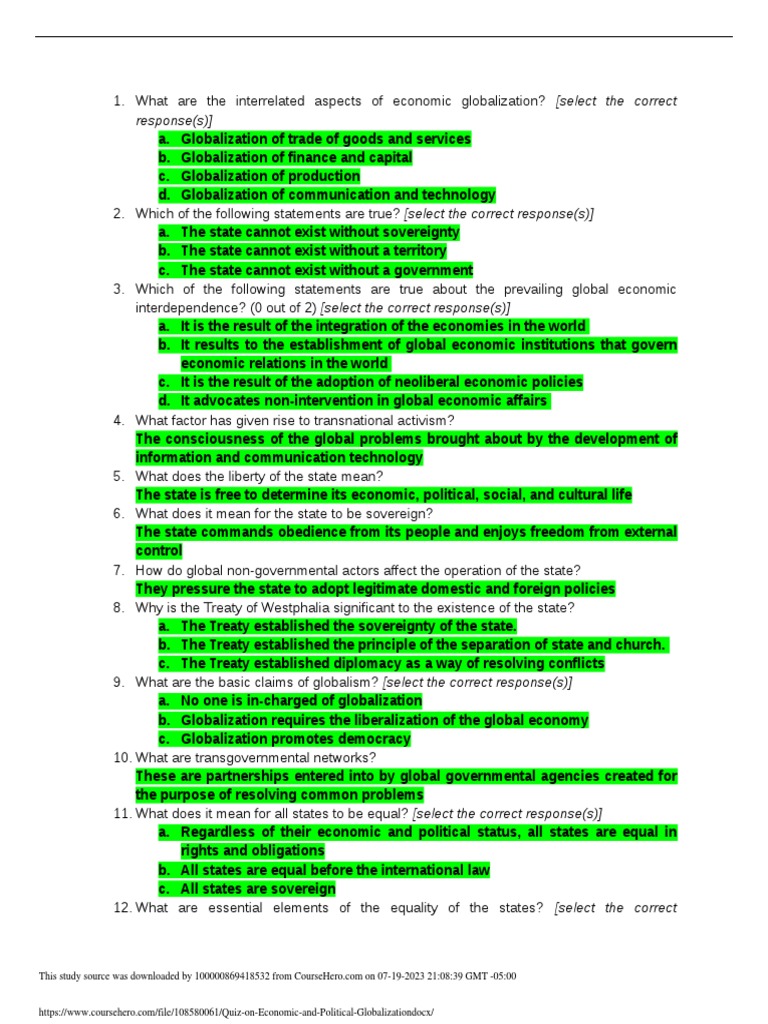 Economic and Political Globalization Quiz | PDF | State (Polity ...