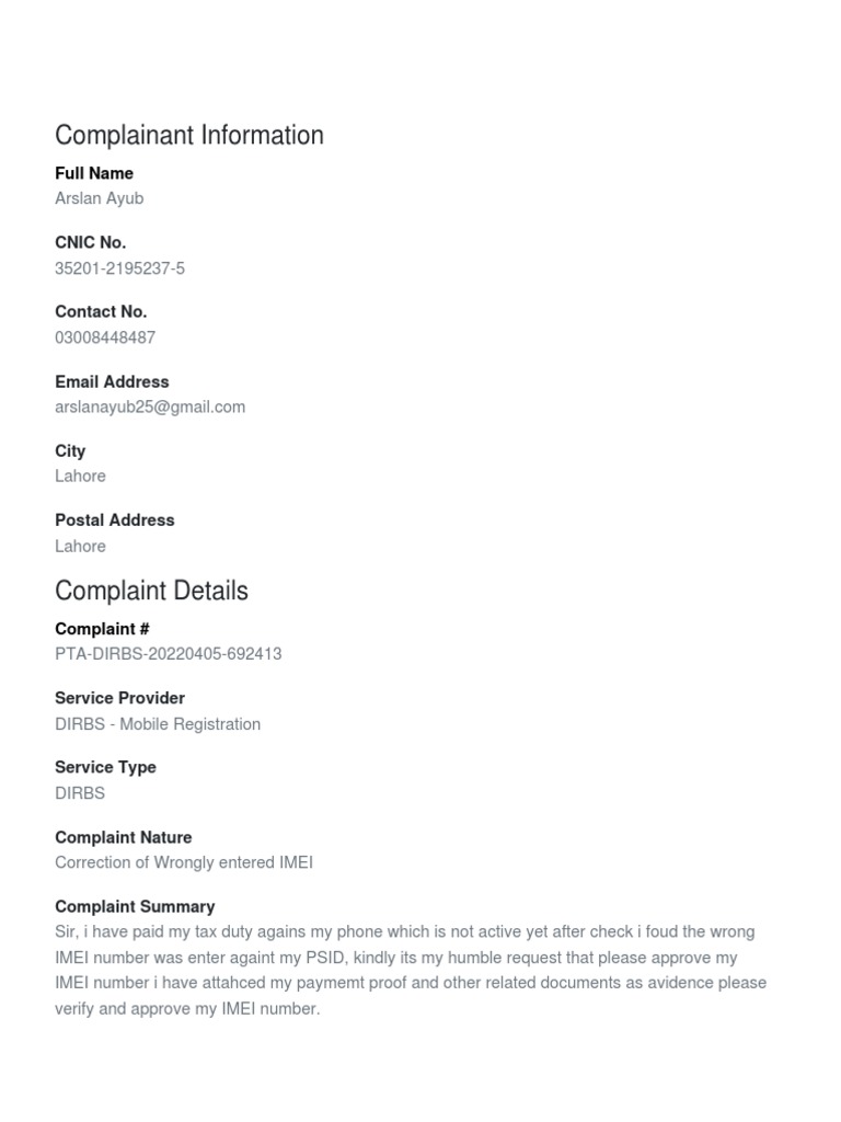 PTA Complaint Details | PDF | Finance & Money Management
