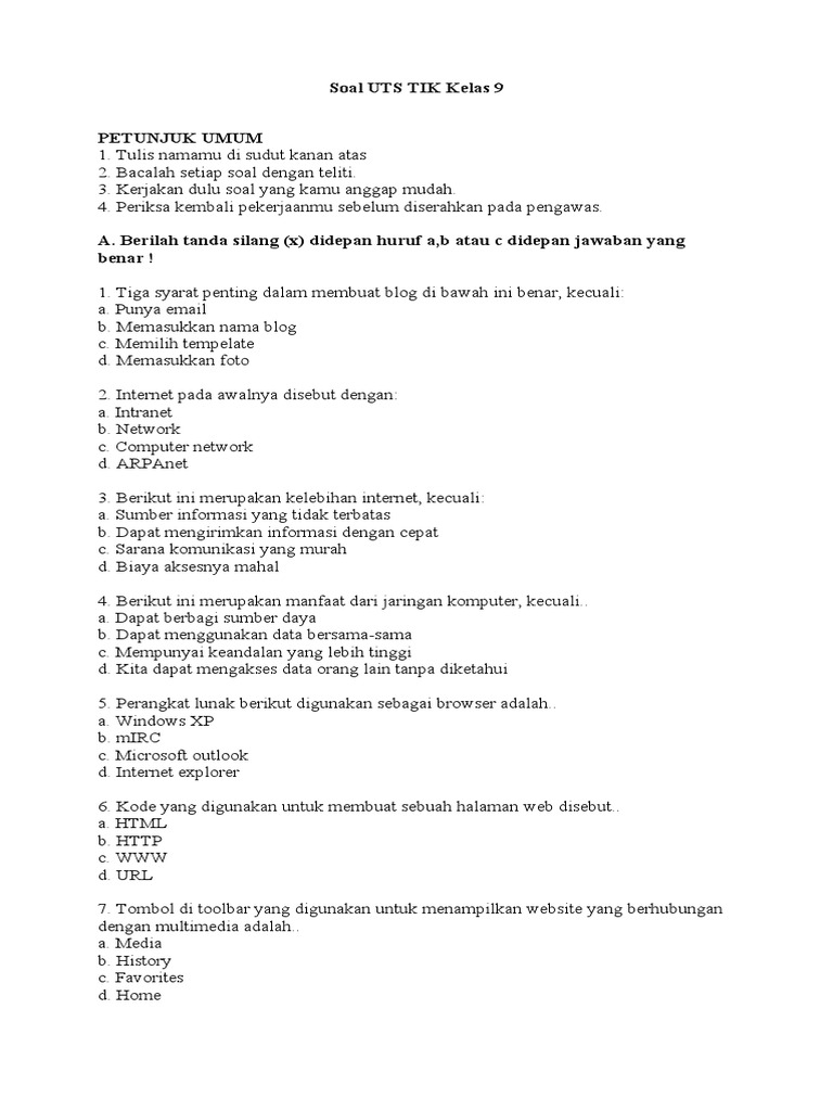 50+ Contoh Soal UTS TIK Kelas 9 SMP MTs Semester Ganjil | PDF