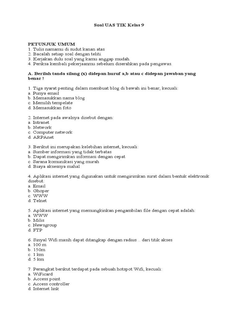 50+ Contoh Soal UAS TIK Kelas 9 SMP MTs Semester Ganjil | PDF