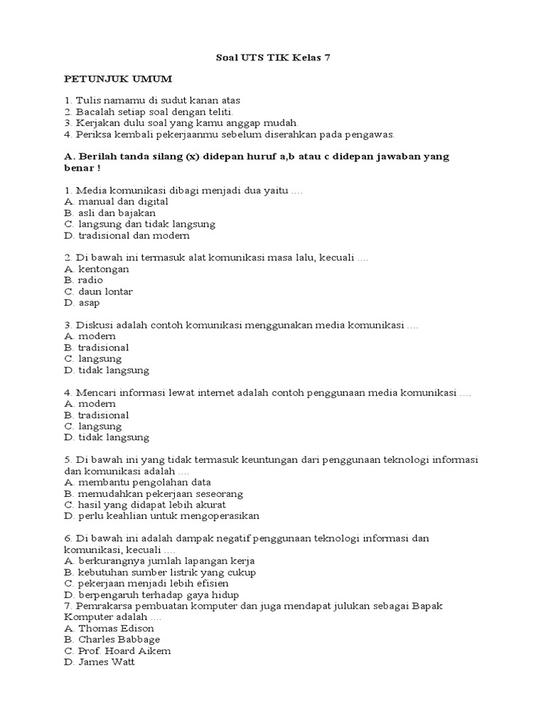 45+ Contoh Soal UTS TIK Kelas 7 SMP MTs Semester Ganjil | PDF
