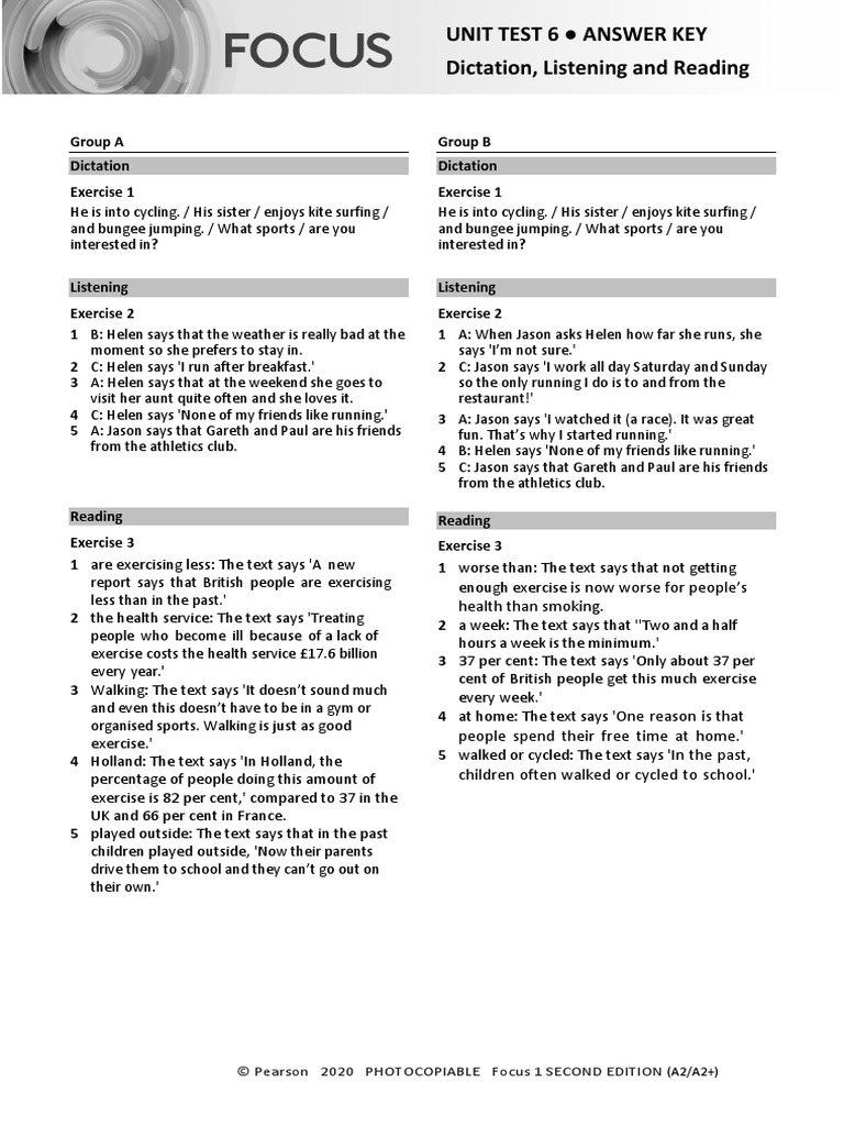 Focus1 2E Unit Test Dictation Listening Reading Unit6 GroupA B ANSWERS ...