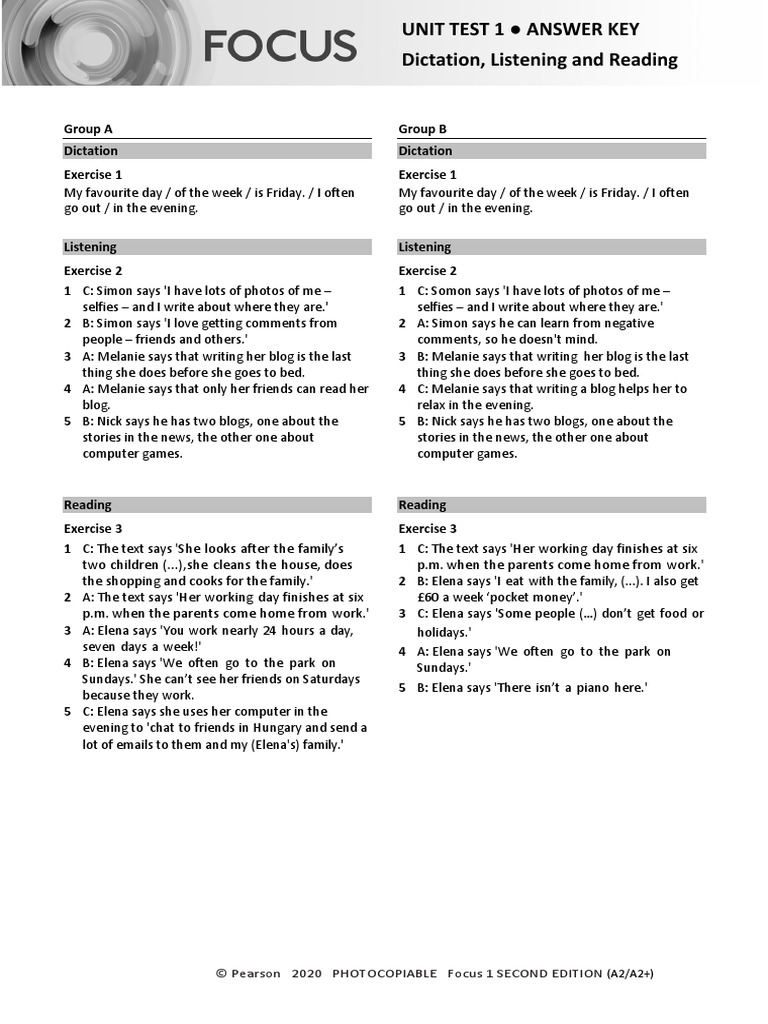 Focus1 2E Unit Test Dictation Listening Reading Unit1 GroupA B ANSWERS ...