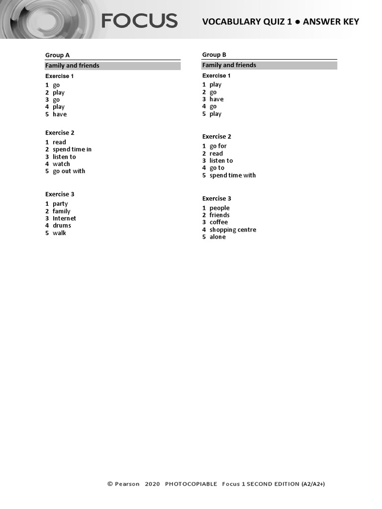 Focus1 2E Vocabulary Quiz Unit1 GroupA B ANSWERS | PDF