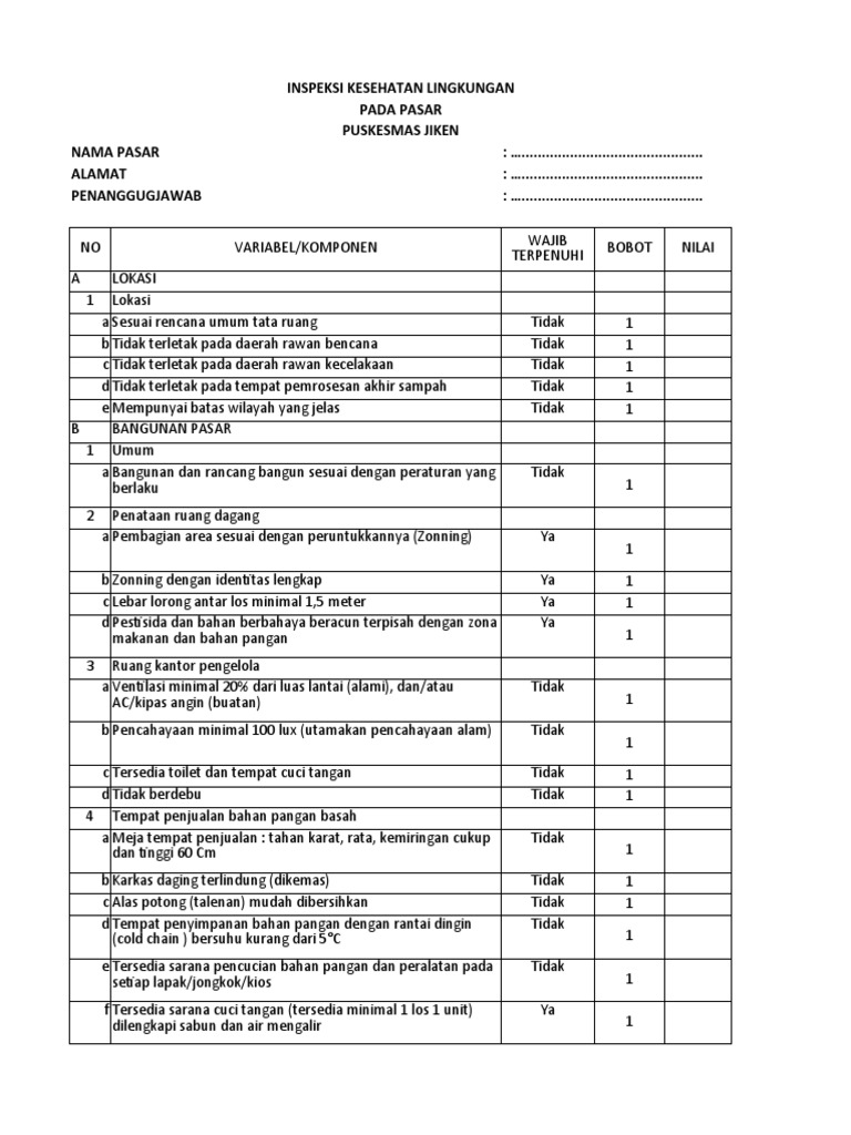 Inspeksi Kesehatan Lingkungan Pasar Jiken | PDF