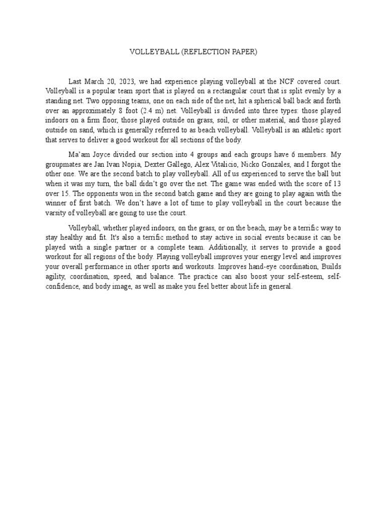 Volleyball Reflection and Benefits | PDF | Sports & Recreation | Games ...