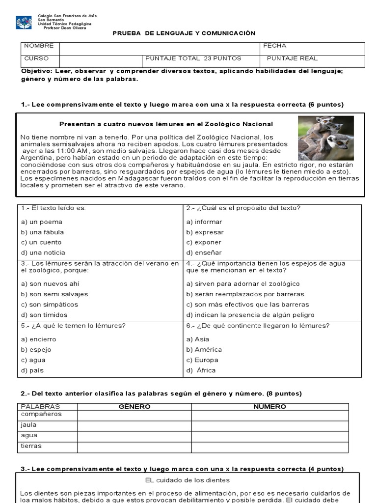 Prueba de Lenguaje y Comunicación Agosto | PDF