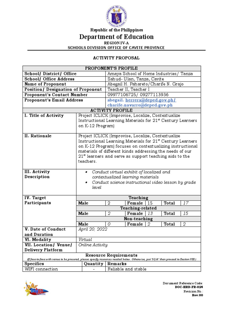 Project ICLICK ACTIVITY PROPOSAL | PDF | Teachers