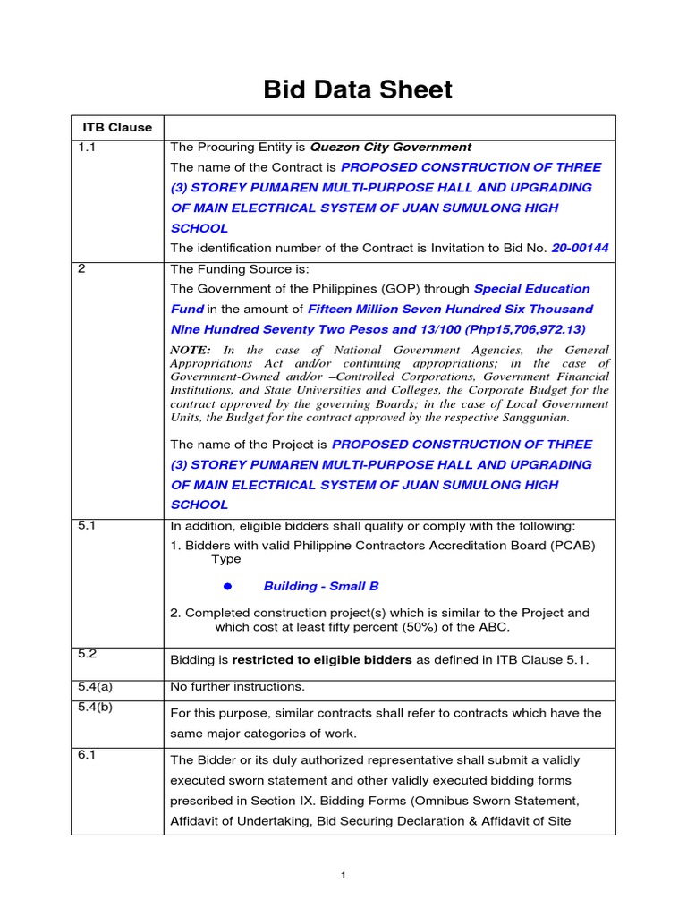 Bid Data Sheet 20 00144 Proposed Construction of Three 3 Storey Pumaren ...