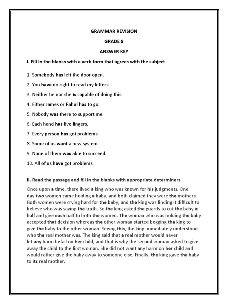 Grade 8 Grammar Answer Key | PDF | Subject (Grammar) | Grammar