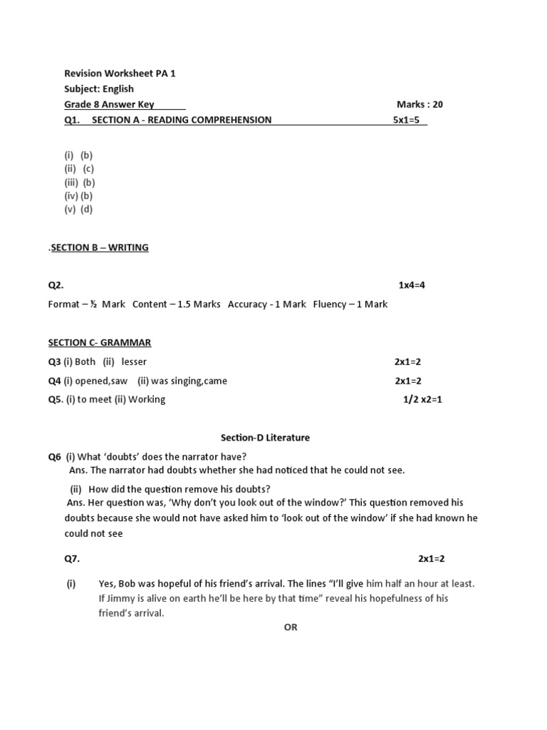 Revision Worksheet Answer Key Grade 8 PA1 | PDF