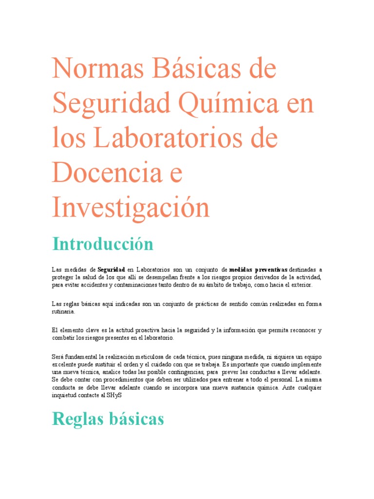 Normas Basicas de Seguridad en El Laboratorio | Descargar gratis PDF | Laboratorios | Química