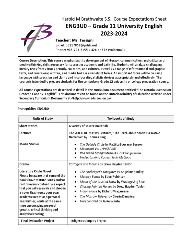 ENG3U0 Course Outline 2023-2024 | PDF | Plagiarism | Curriculum