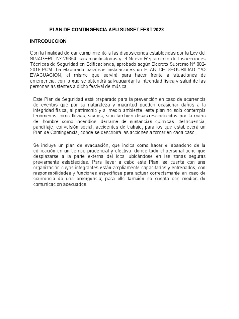 Plan de Contingencia Apu Sunset Fest | PDF | Defensa Civil | Incendios