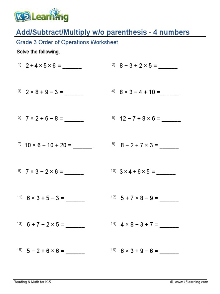 Grade 3 Order Operations Add Sub Mult 4 Without D | PDF