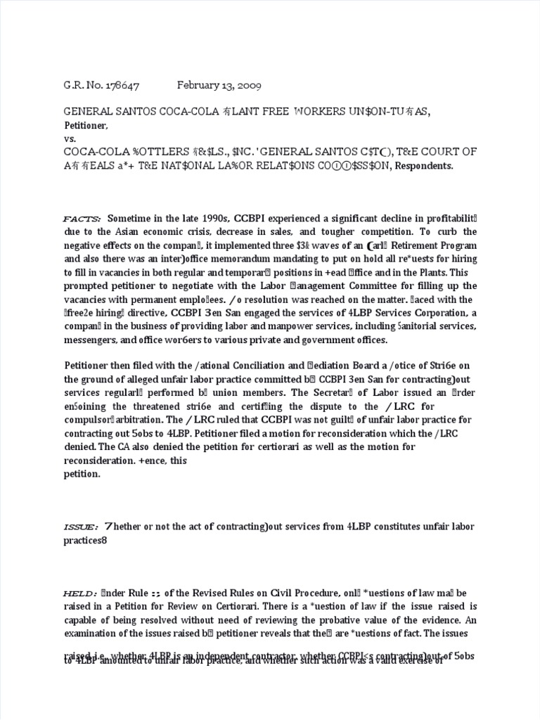 PDF General Santos Coca Cola Plant Free Workers Union Tupas Vs Coca Cola Bottlers Et Al ...