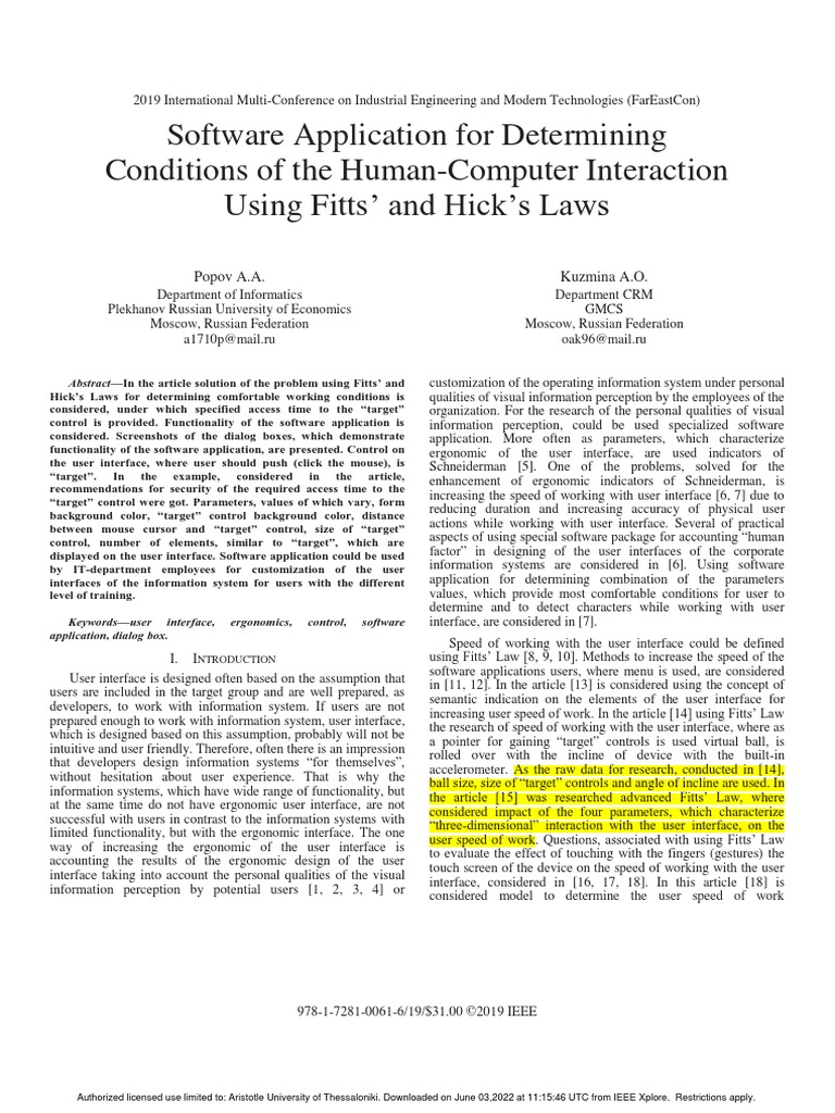 Software Application For Determining Conditions of The Human-Computer Interaction Using Fitts ...