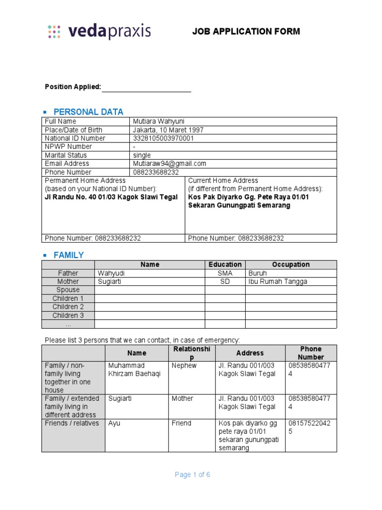 Veda Praxis Application Form Ver 2.0 | PDF | Business | Labor