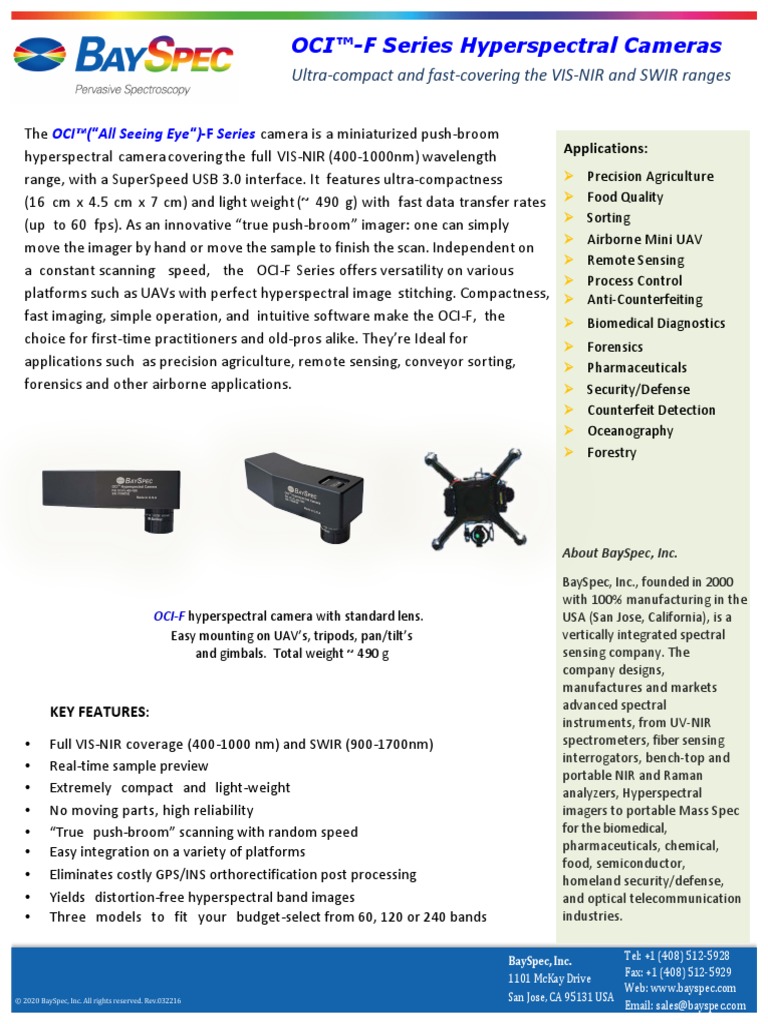 New BaySpec Datasheet OCI F Hyperspectral Cameras | PDF | Imaging | Optics