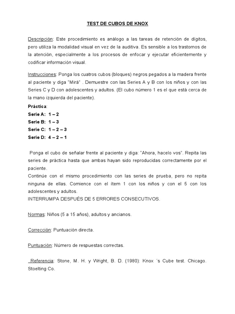 Test de Cubos de Knox: Procedimiento y Puntuación | PDF | Ciencia ...