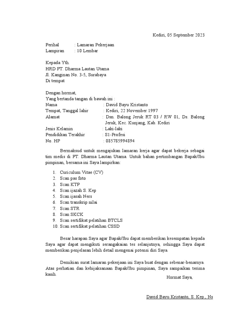Surat Lamaran Kerja PT. Dharma Lautan Utama | PDF