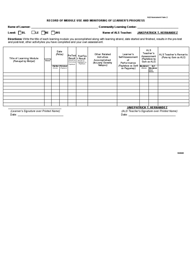 ALS Assessment Form 2 | PDF | Learning