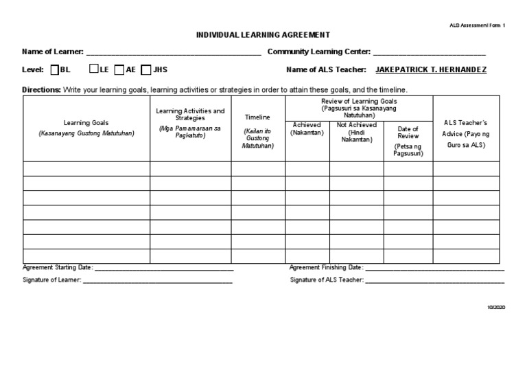 ALS Assessment Form 1 | PDF | Career & Growth