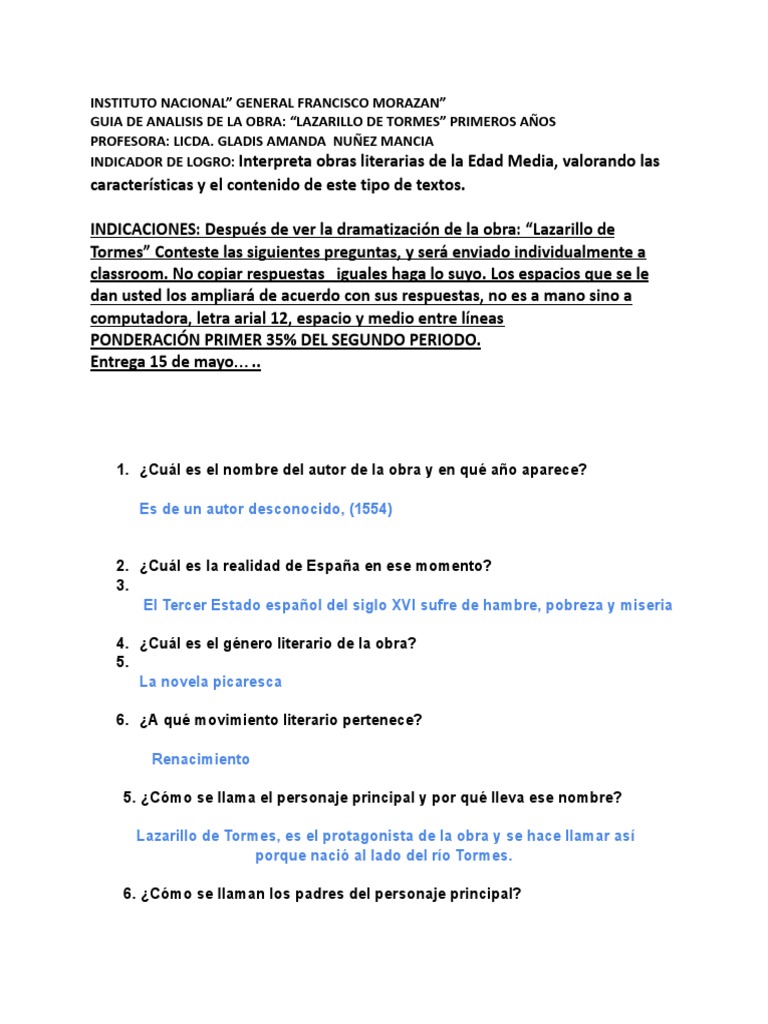 GUIA DE LAZARILLO DE TORMES 2023 Primer 35% Segundo Periodo | PDF