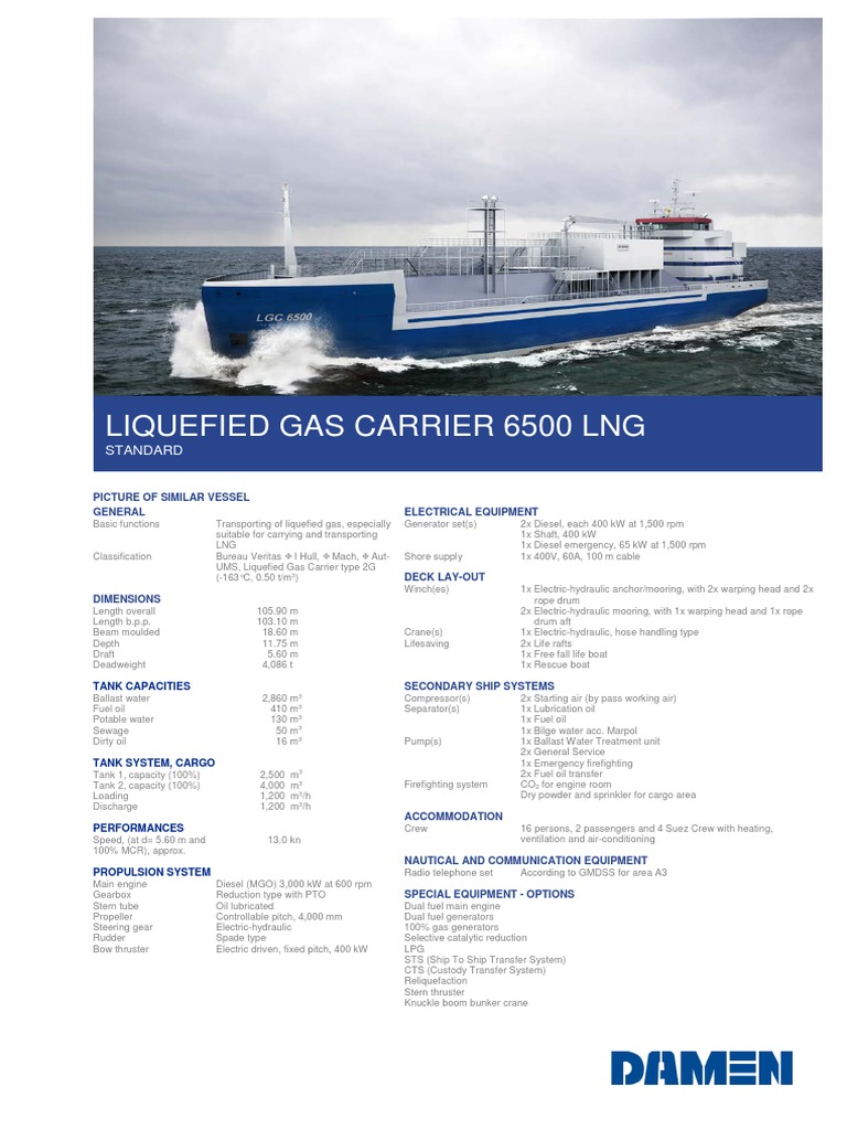 Damen LNG Carrier 6500 Specifications | PDF | Marine Propulsion | Shipping
