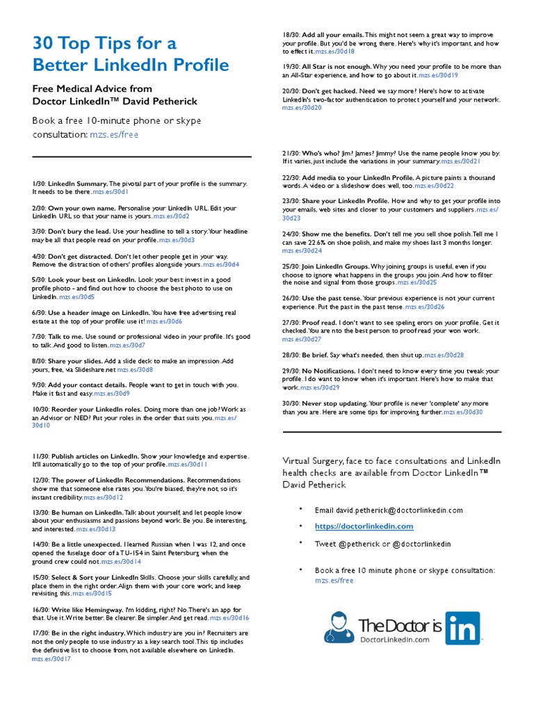 30 Top Tips For A Better Linkedin Profile Pdf Linked In Software
