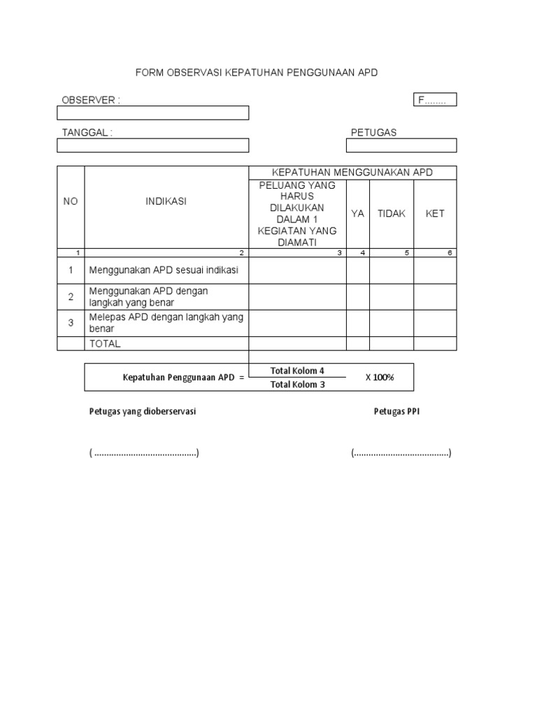 Form Observasi Kepatuhan Penggunaan Apd | PDF