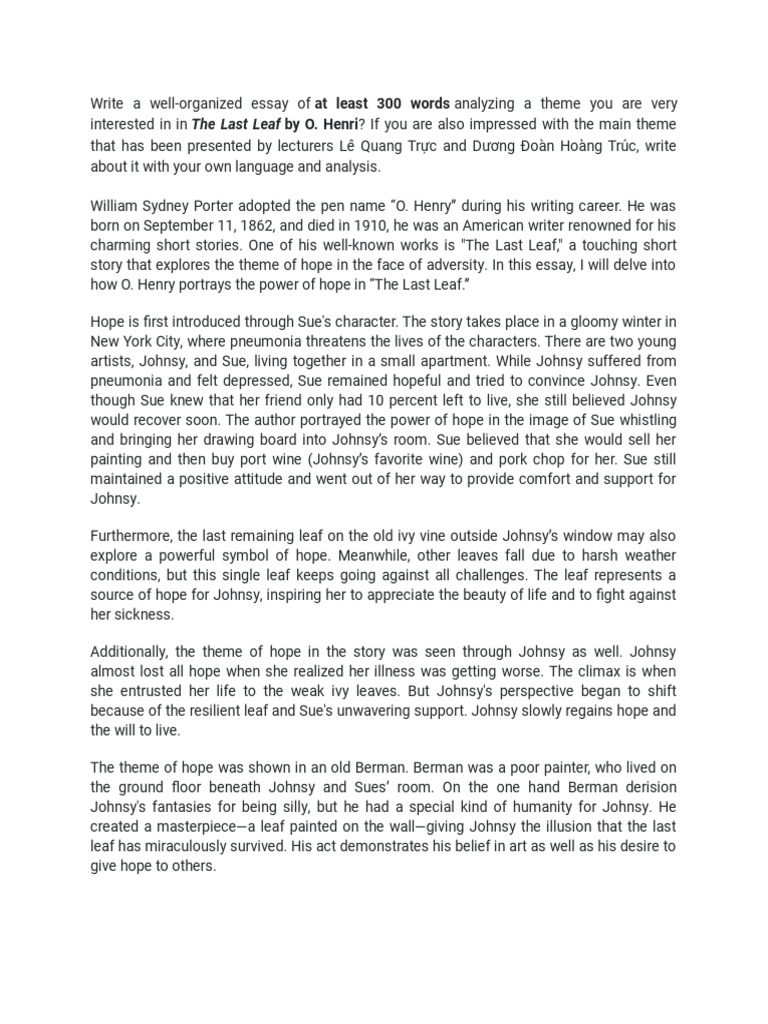 The Theme of Hope in The Last Leaf by O. Henry | Download Free PDF | Hope