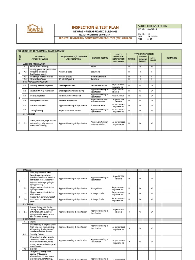 Inspection& Test Plan | PDF | Mechanical Engineering | Building Engineering