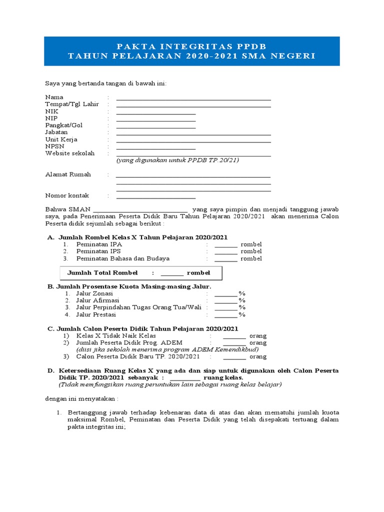 Pakta Integritas PPDB SMAN 2020 | PDF | Karier & Perkembangan | Bisnis