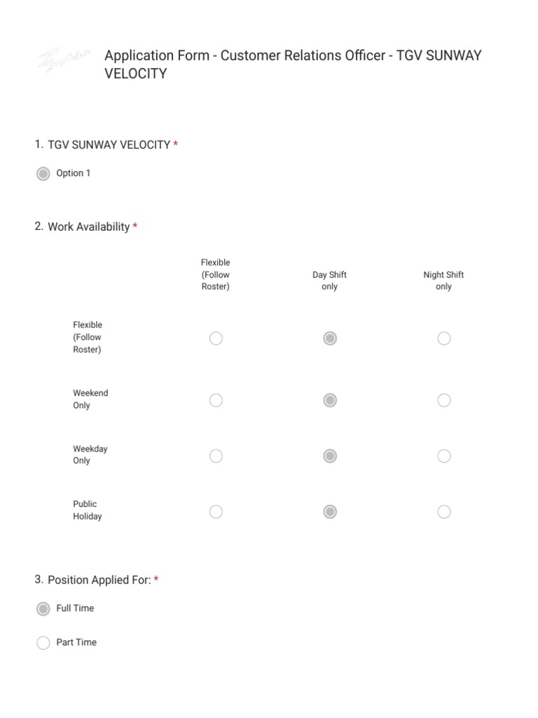 Application Form - Customer Relations Officer - TGV SUNWAY VELOCITY | PDF