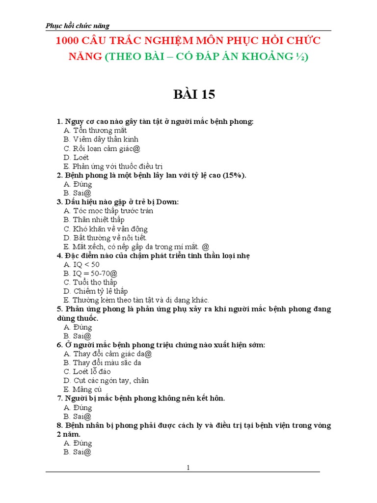 (123doc) 1000 Cau Trac Nghiem Mon Phuc Hoi Chuc Nang Theo Bai Co Dap An Khoang Mot Nua | PDF