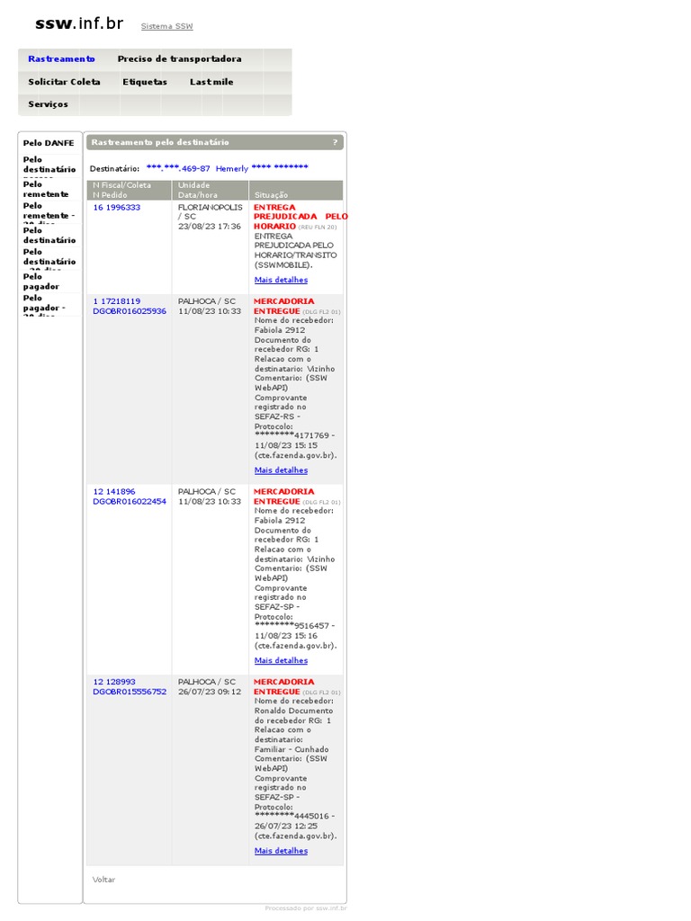 Rastreamento Pelo Destinatário - SSW Sistemas | PDF