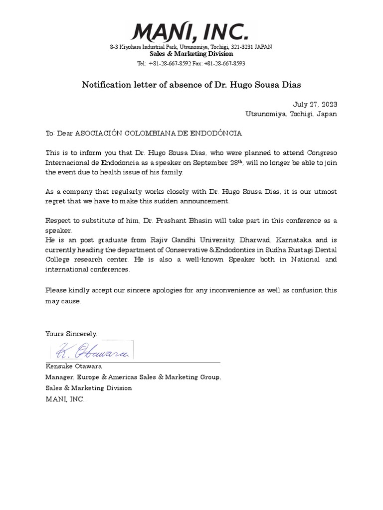 Notification Letter of Absence of DR Hugo Sousa Dias 2 | PDF